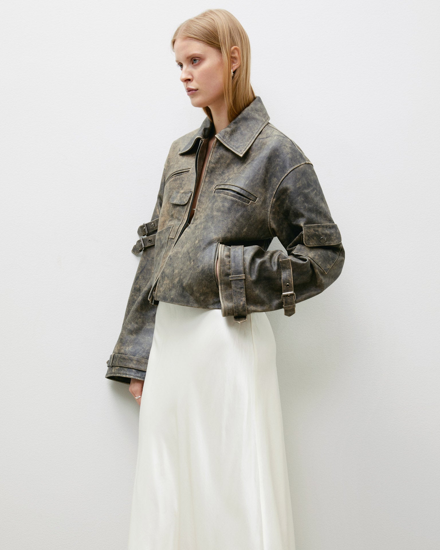 Cropped Leather Jacket with Buckles | worn