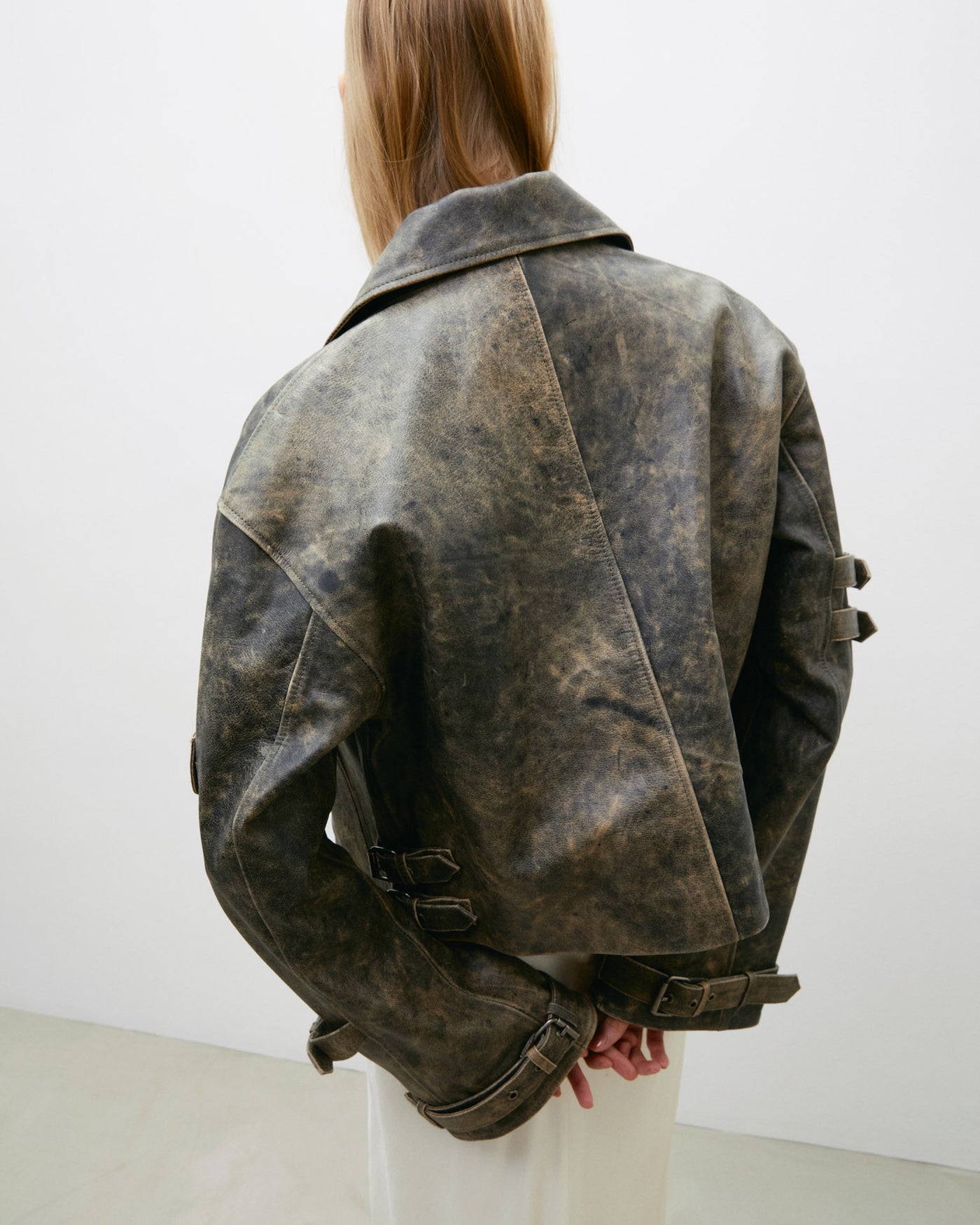 Cropped Leather Jacket with Buckles | worn