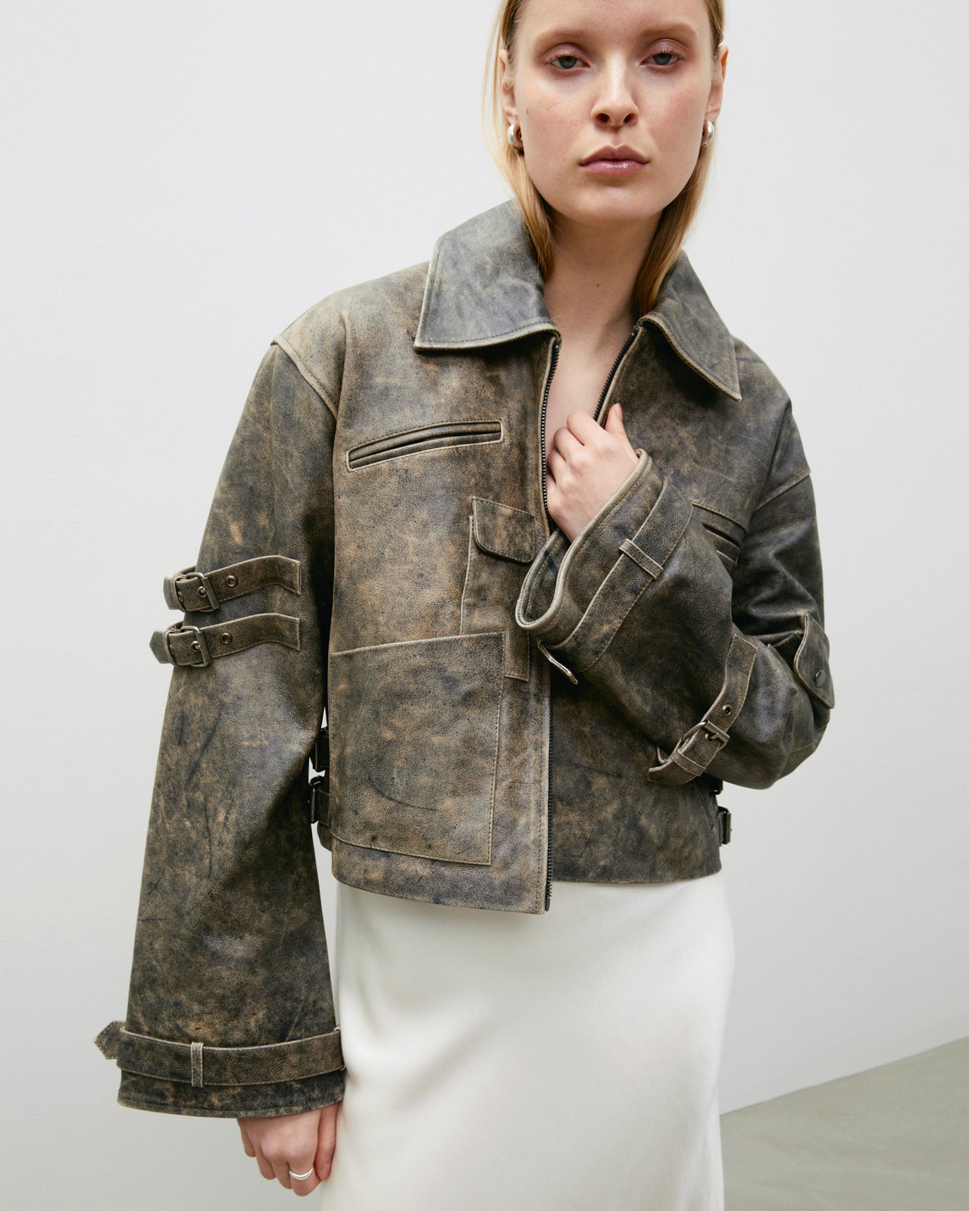 Cropped Leather Jacket with Buckles | worn