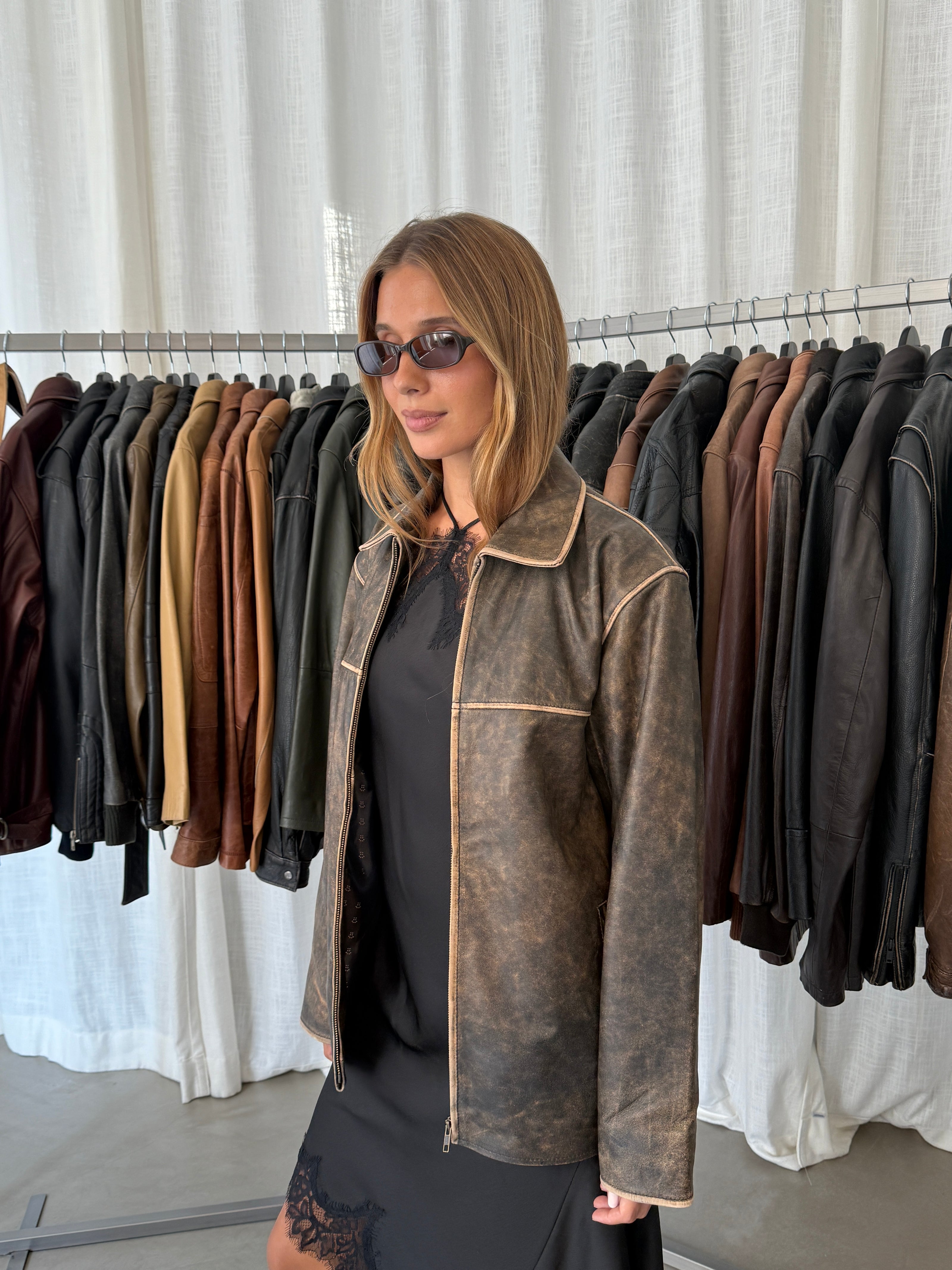 Brown Faded Leather Jacket – Made From Upcycled Materials | worn